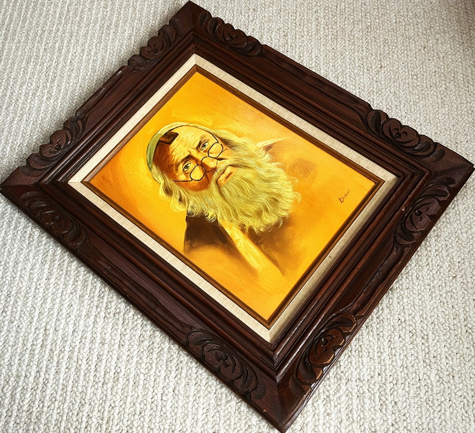JEWISH JUDAICA RABBI SCHOLAR W/ TEFILLIN FRAMED OIL ON CANVAS PORTRAIT ...