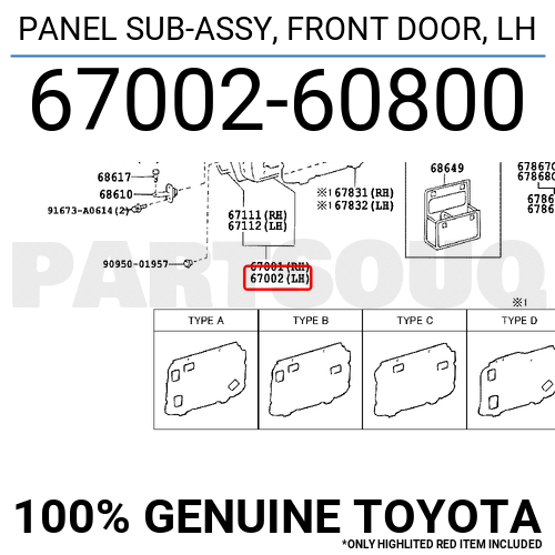 6700260800 Genuine Toyota Panel Sub-assy Front Door LH 67002-60800 for ...