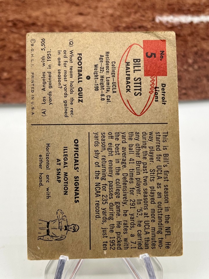 1954 Bowman #5 Bill Stits Rookie Detroit Lions | eBay