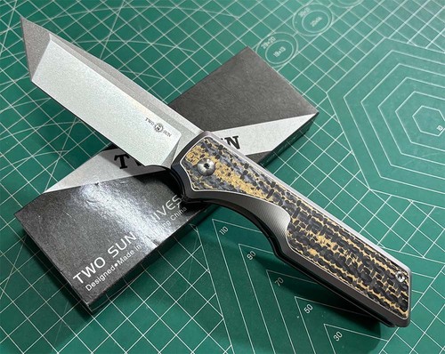 TwoSun Folding Knife Titanium Carbon Fiber Handle M390 Plain Edge TS436 ...