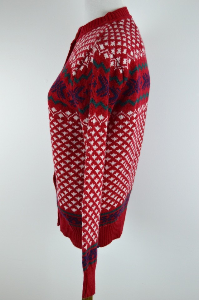 Fair Isle Red Nordic Medium Acrylic Cardigan Sweater Society Mills New ...