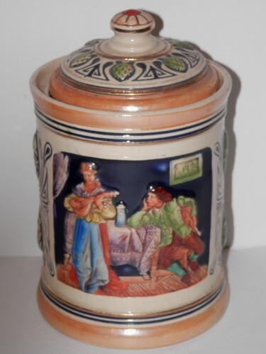EARLY MARK GERZ POTTERY HUMIDOR WITH TAVERN SCENES AND HOPS IN RELIEF ...