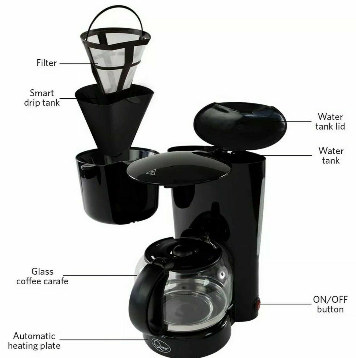 Quest 10 Cup Filter Coffee Maker Anti Drip Feature 1.25l Gloss Black ...