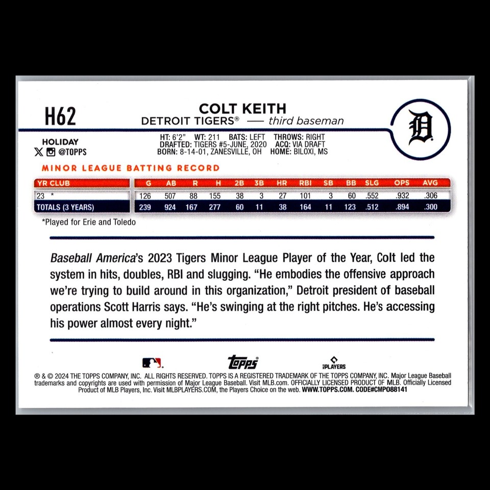2024 Topps Holiday - H62 Colt Keith RC Holiday Tree Parallel - Detroit ...