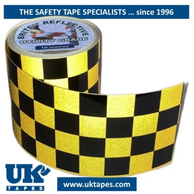 Chequered REFLECTIVE hazard tape - black/yellow (self-adhesive) 100mm x ...