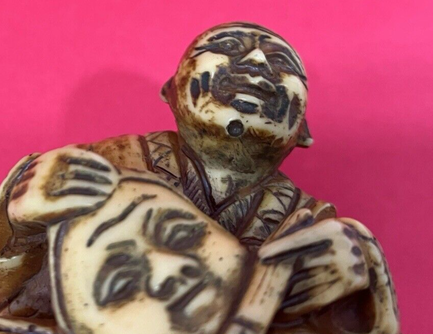 large OKIMONO figurine SEATED MAN PAINTING MASK carved resin ~ unsigned ...