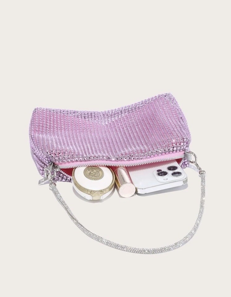 Women’s Pink Metallic Rhinestone Evening Bag Clutch Party Purse Prom ...