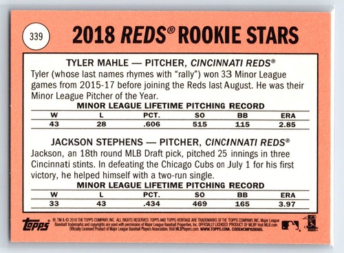 2018 Topps Heritage Tyler Mahle Jackson Stephens Rookie Cincinnati Reds ...