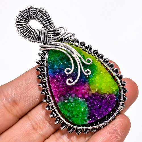 Bio Color Druzy Handmade .925 Silver Plated Wire Wrapped Pendant 2.8 ...