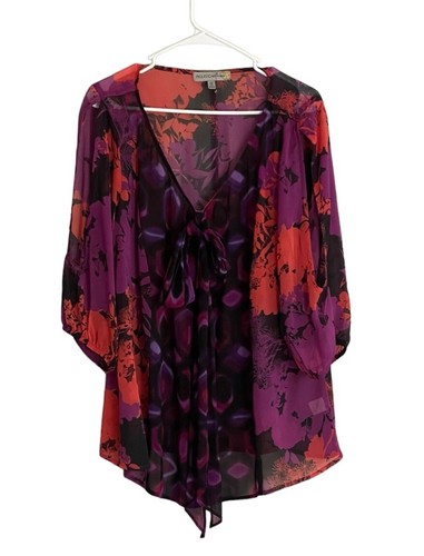Fig & Flower Top Size 1X Purple Red Colorful Tie Front Sheer Popover ...