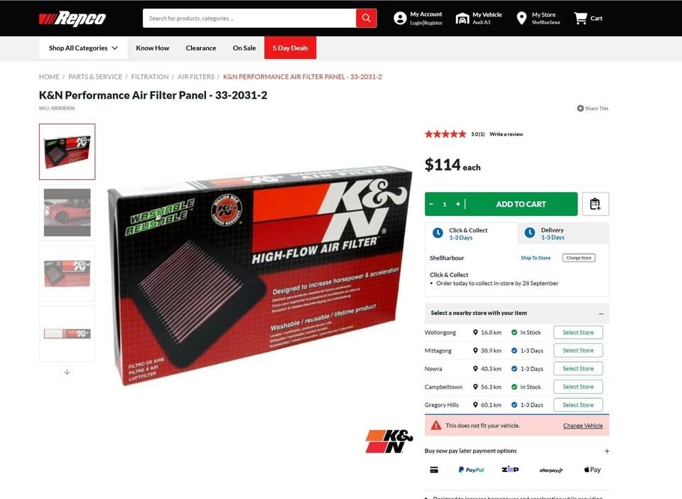 K & N Air Filter for HSV, Sv89 , SV5000, Calais, Commodore Vn, Vp, Vr ...