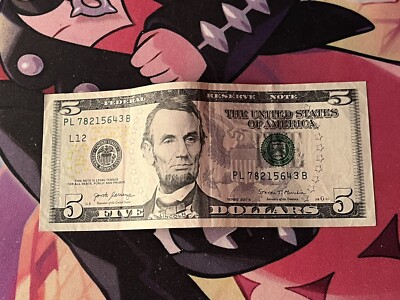 US $5 Five Dollar Bill Fancy Serial number PL 78215643 B No Repeating ...