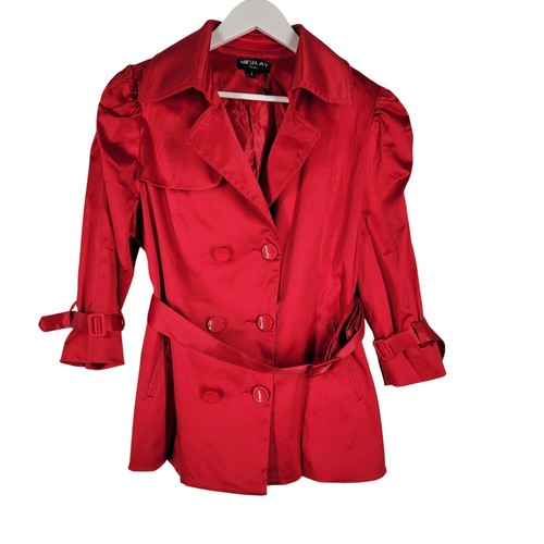 NESLAY Paris Red Satin Double Breasted Belted Trench Coat Jacket Womens ...