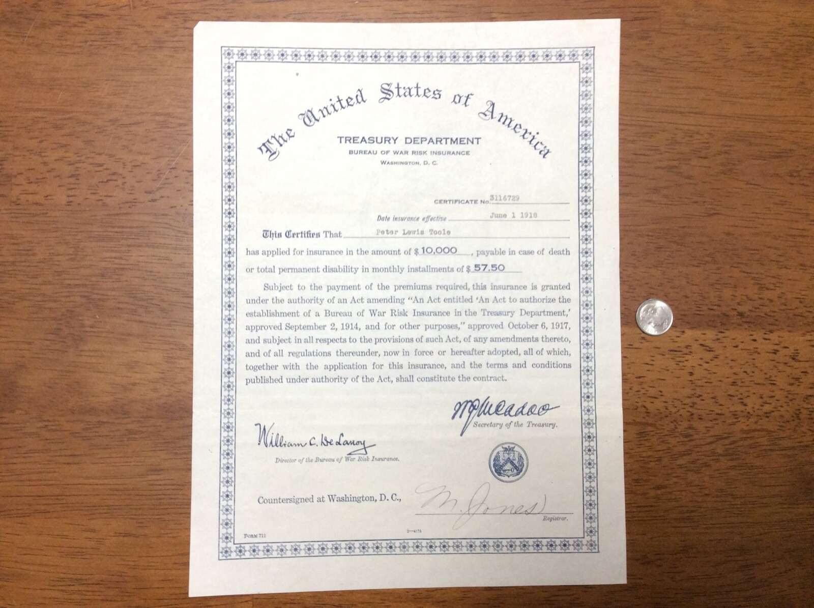 WWI Named Army 1918 US Treasury Department War Risk Insurance ...