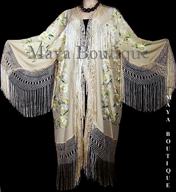 Embroidered Silk Opera Coat Kimono Fringe Jacket Birds & Flowers ...
