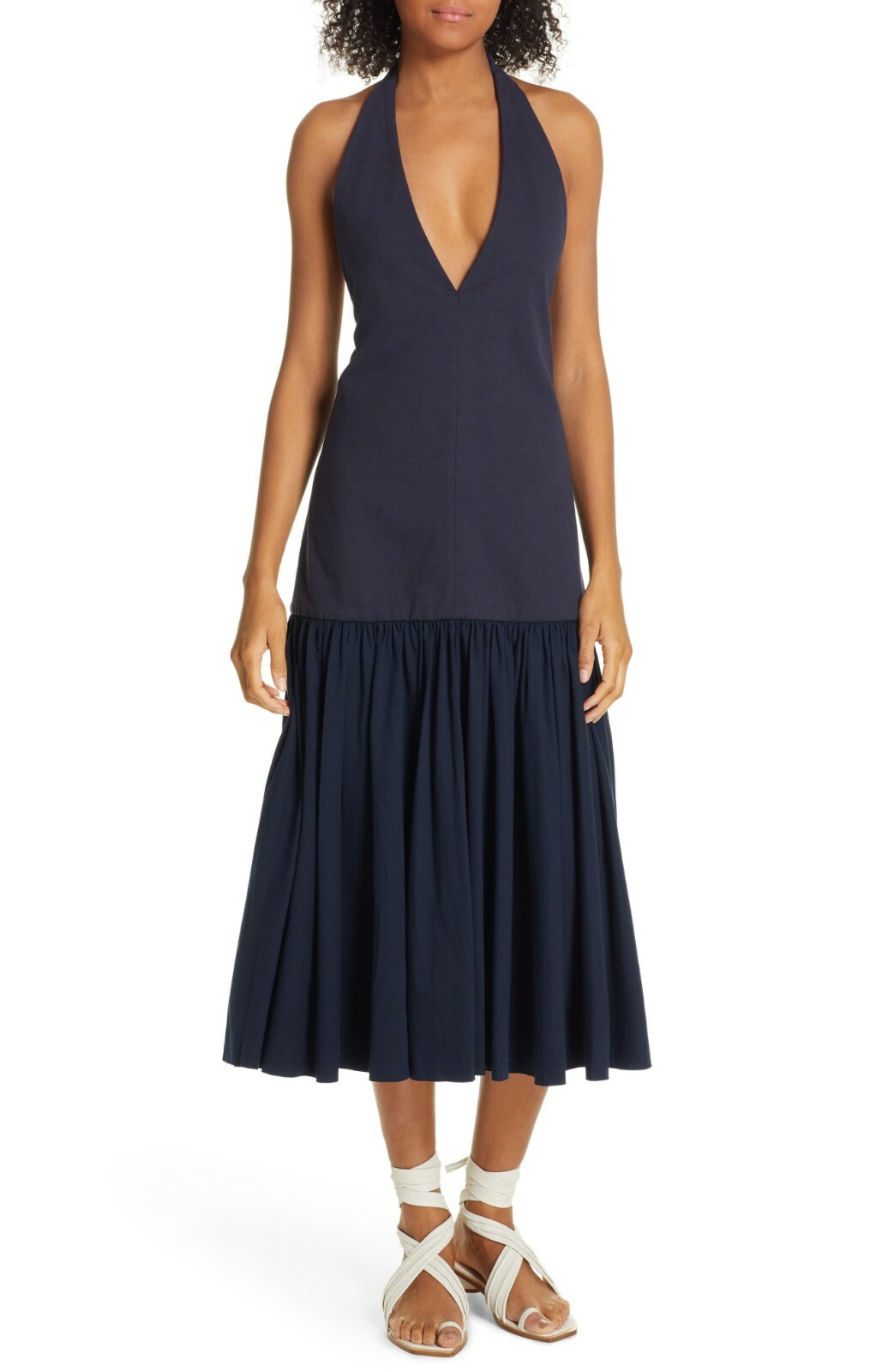 TIBI Punto Milano V-Neck Halter Dropped Waist Open Back Midi Dress Sz ...