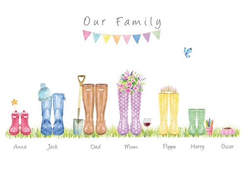 Personalised family welly print, wellington boot picture, gift for ...