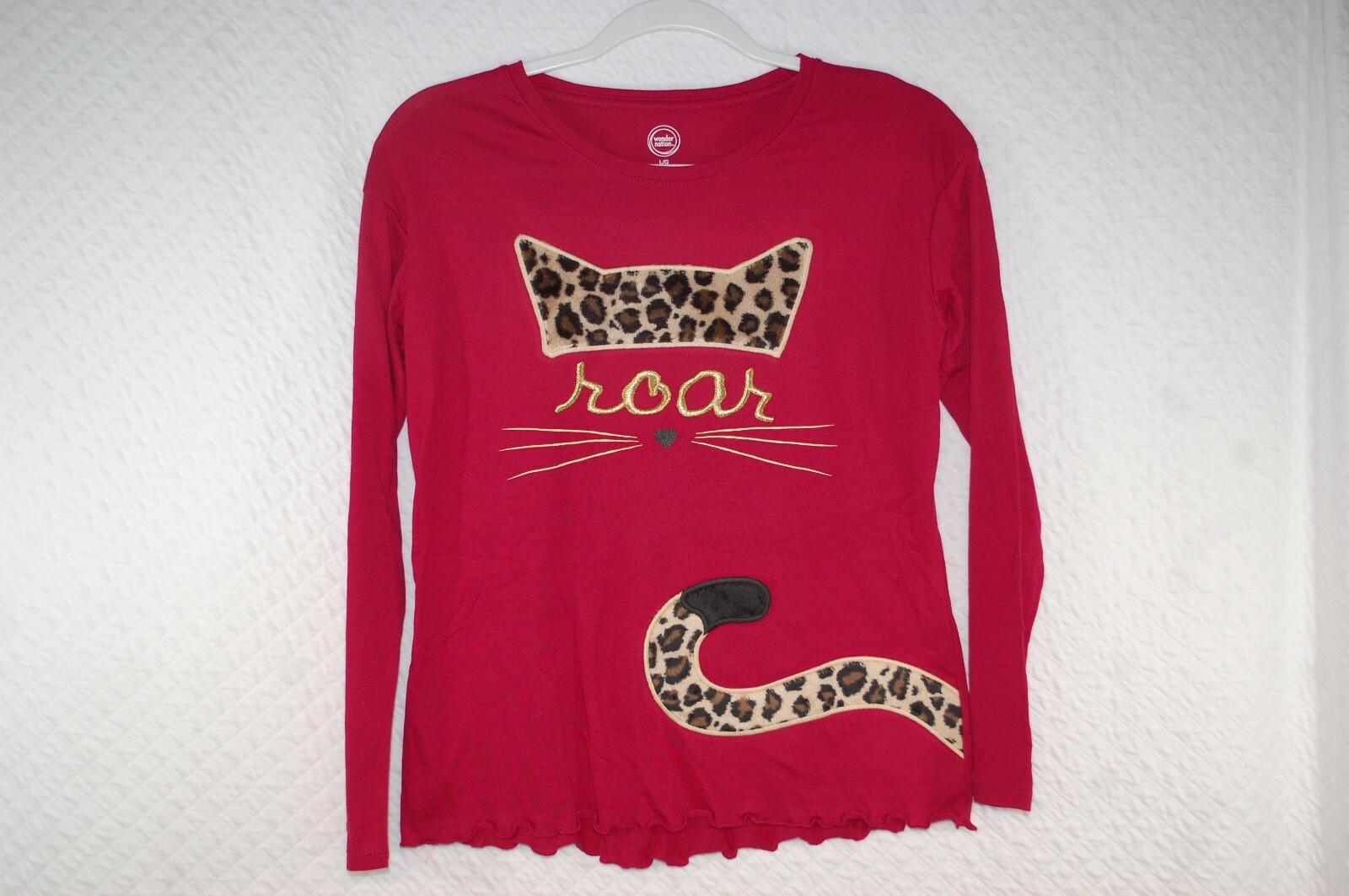 Girls CRANBERRY RED L/S T-SHIRT Kitty Face FURRY LEOPARD PRINT Roar L ...