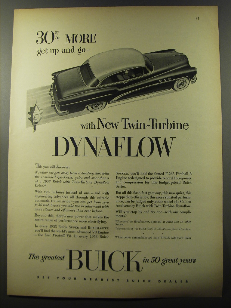 1953 Buick Cars Ad - 30% more get up and go with new Twin-Turbine Dynaflow | eBay