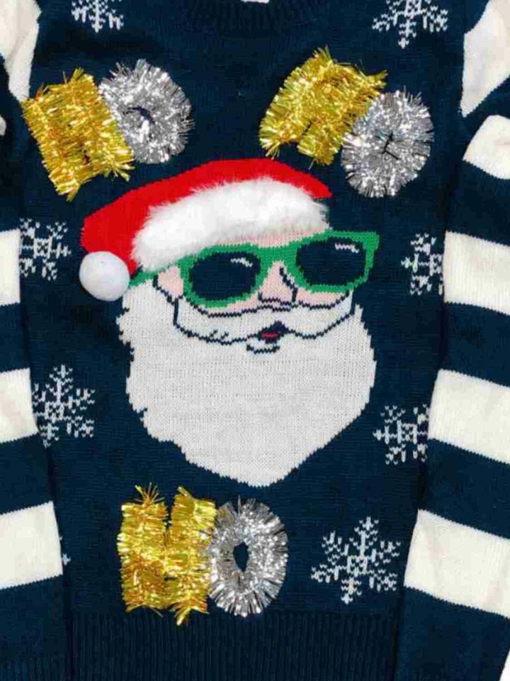 Junior Womens Navy Blue Santa Claus HO HO Tinsel Christmas Holiday ...