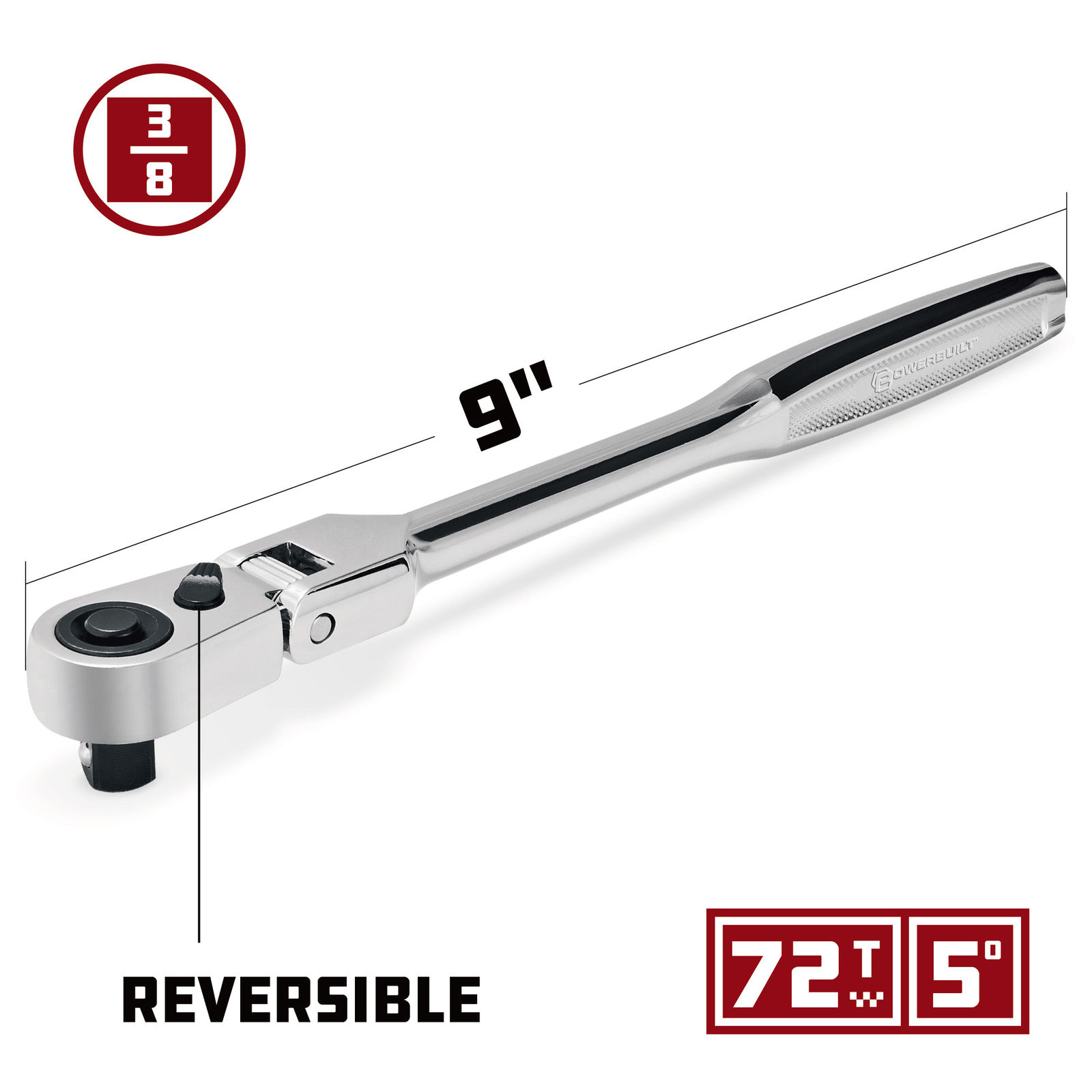 Powerbuilt 3/8 Inch Drive 72 Tooth Pro Tech 9 Inch Long Reach Flex Head ...