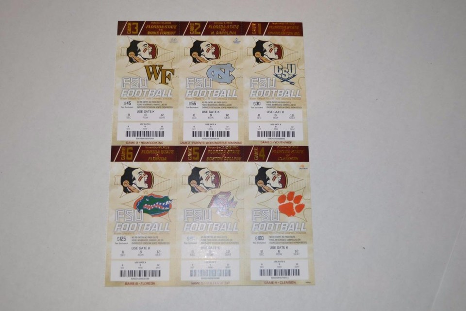 Florida State Football FSU 2016 Season Ticket Sheet Uncut Stubs Home ...