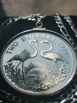 Rare 1972 Bahamas Flamingos Love birds coin Pendant & ItalIan Silver ...