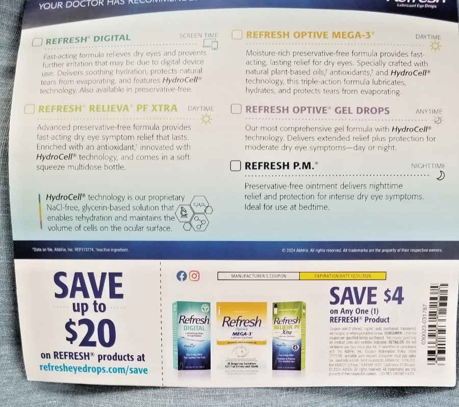 7 Refresh "Save Up To $20,." Products COUPONS ONLY Exp. Date 12-31-1926 ...