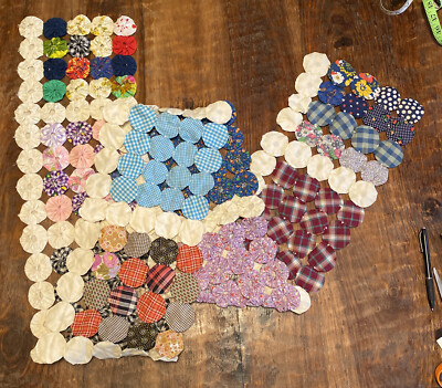 Vintage Handmade Yo-Yo Quilt Block 220 Sewed Together Colorful 81”x 9 ...