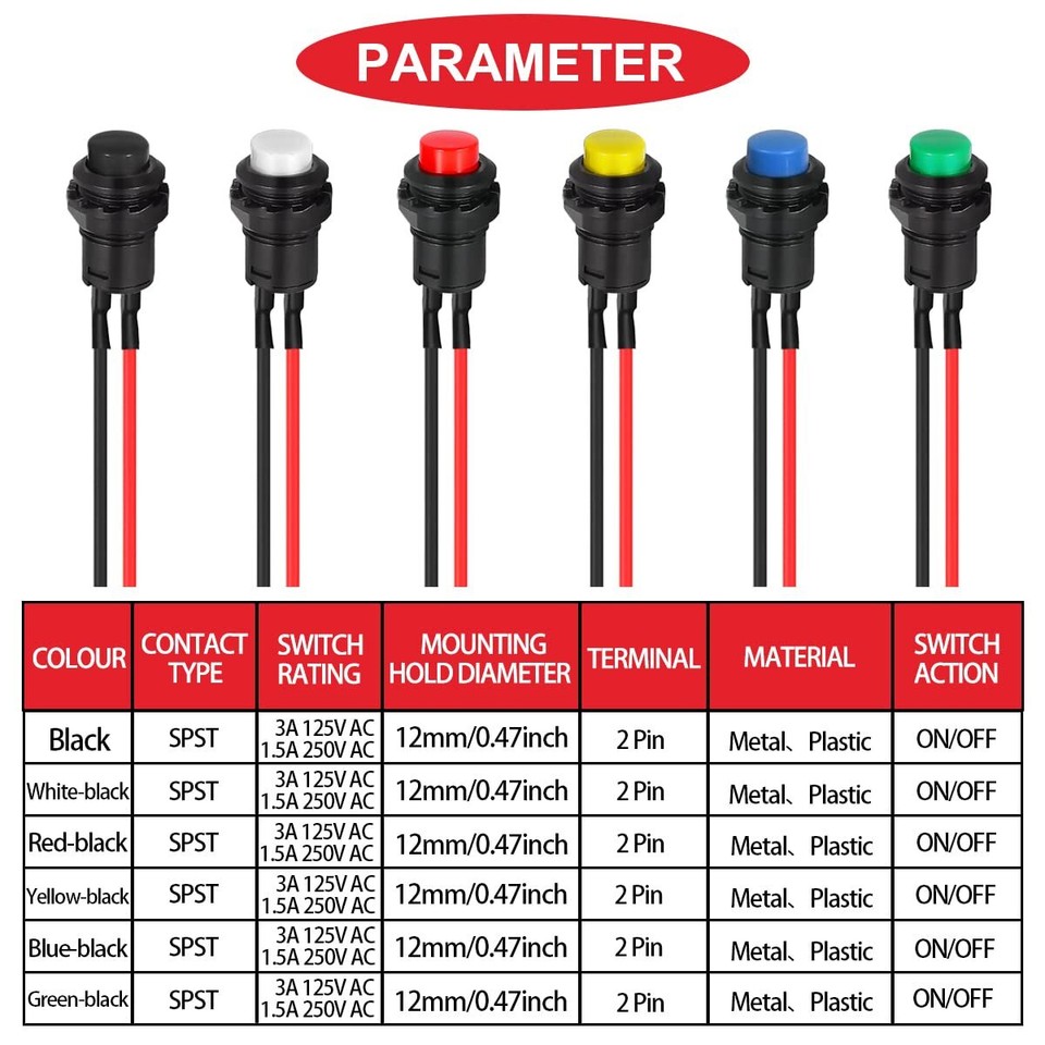 18Pcs Self-Locking Switch 12mm Mini Latching Push Button on Off Switch ...