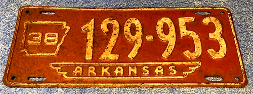1938 Arkansas License Plate STATE OUTLINE MAP 129-953 Fancy Design '38 ...