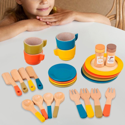 Wooden Toy Plates Dishes Forks Play Cutlery Plate Set for Birthday Gift ...