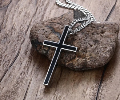 2 Sided CROSS BLACK SILVER CHRISTIAN PRAY Pendant 925 Sterling 22 ...