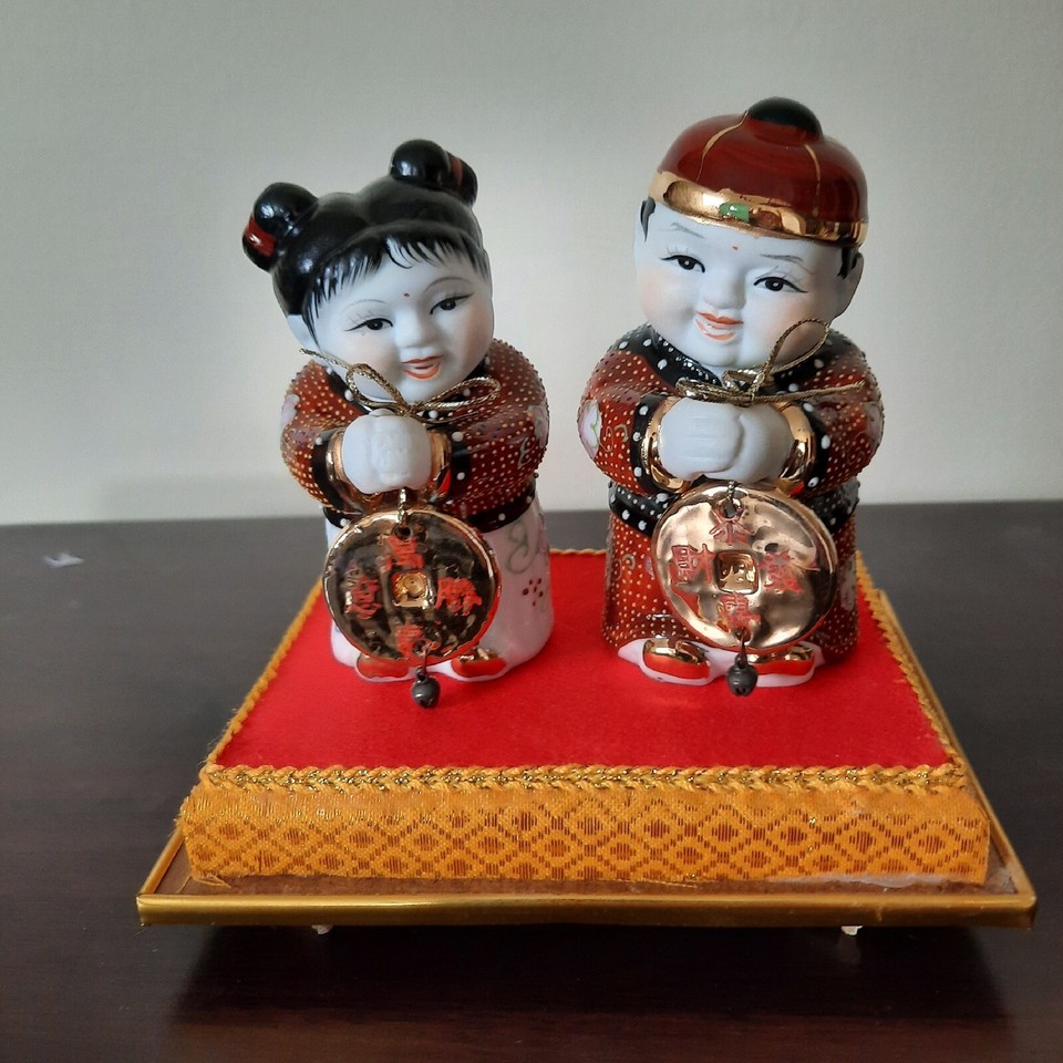 Vintage Chinese Lucky Golden Couple Jintong Boy Yunu Jade Girl in glass ...