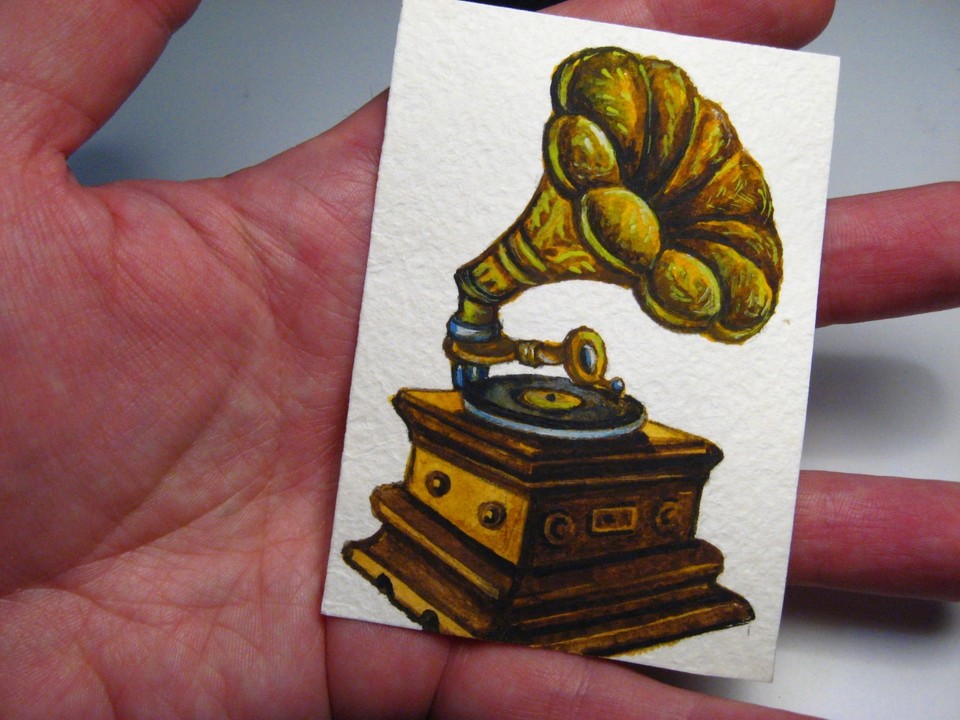 Retro Old Gramophone Playing Plates Vintage Music Song Miniature ACEO ...