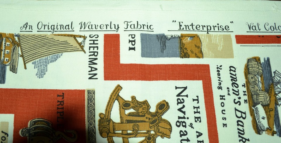 VINTAGE NAUTICAL FABRIC WAVERLY ENTERPRISE SHIPS BOATS 2 YDS 49" x 66 ...