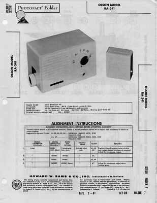 1961 OLSON RA-341 RADIO INTERCOM SERVICE MANUAL PHOTOFACT SCHEMATIC ...