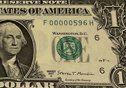 2017 A $1 LOW 3 DIGIT SERIAL NUMBER (( 00000 596 )) US paper money ...