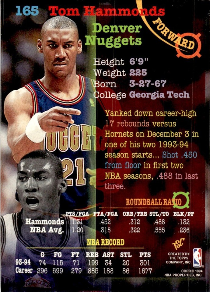 1994-95 Stadium Club Basketball Card Tom Hammonds Denver Nuggets #165 ...