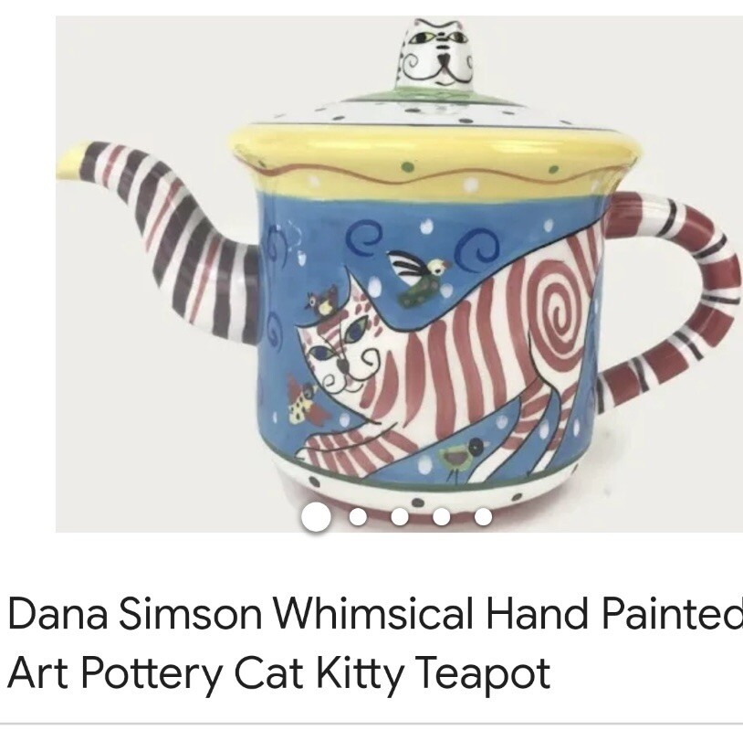 Dana Simson Whimsical Hand Painted Art Pottery Cat Kitty Teapot ...