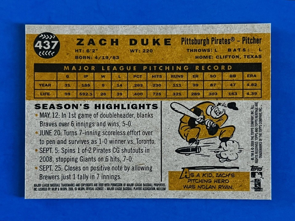 2009 Topps Heritage Zach Duke Pirates Short Print Baseball Card #437 | eBay