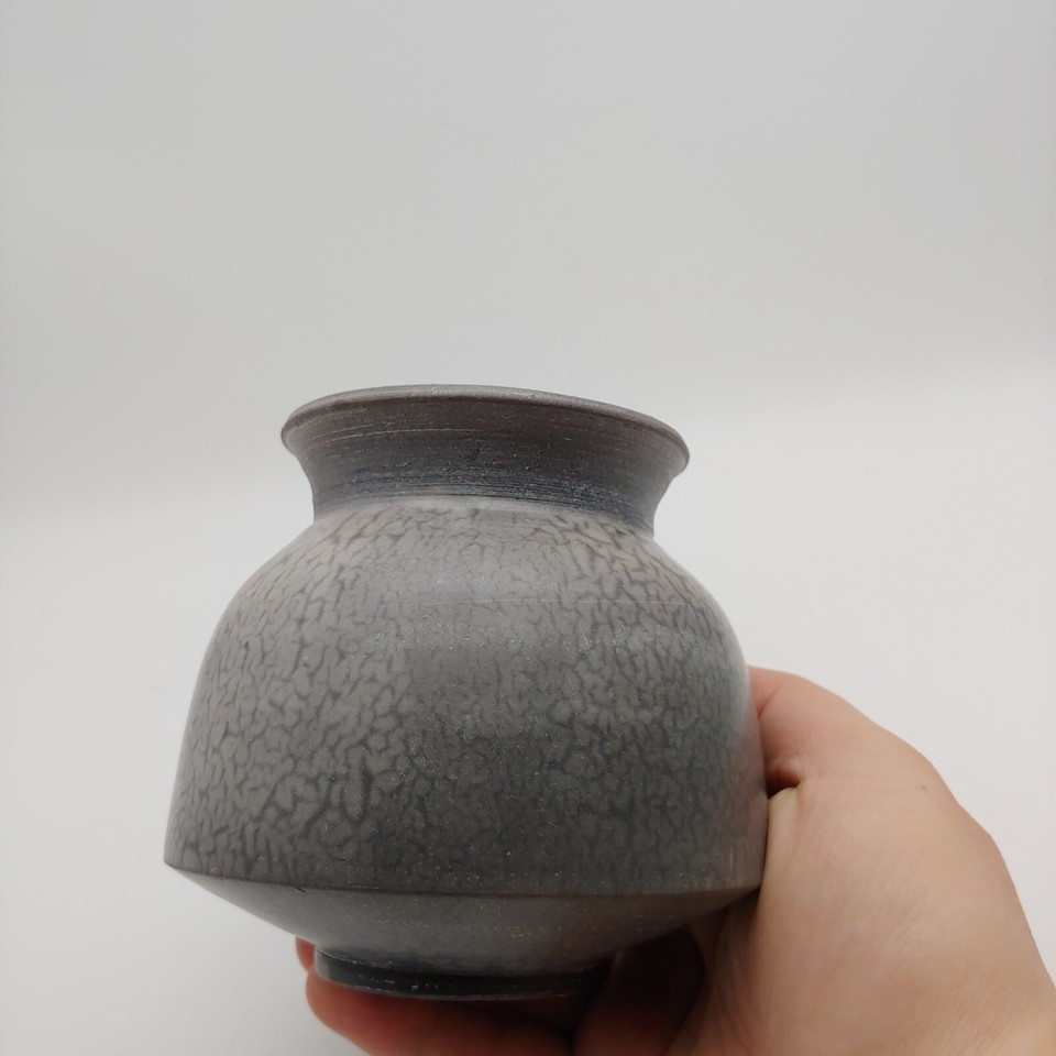 Handmade Signed Raku Pottery Vase - 4.5" Small Gray Crackle Glaze Asian ...