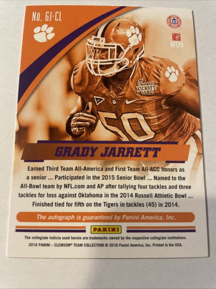 2016 Panini Collegiate Clemson Autograph Grady Jarrett Auto - Flat S/H ...