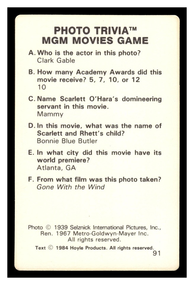 Gone With the Wind Clark Gable #91 1984 Hoyle Photo Trivia MGM Movies ...