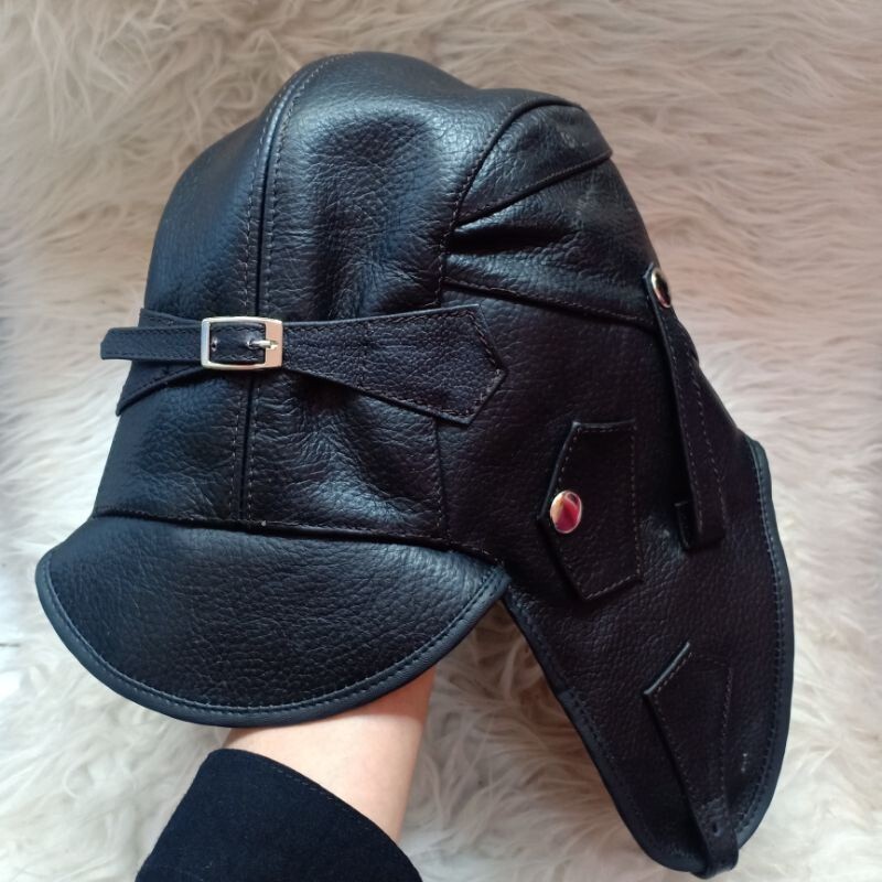 FREE SHIPPING Black Genuine Cow Leather Hat with Long Ear Flaps Pilot ...