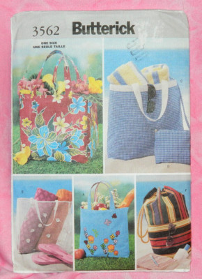 Uncut Butterick Beach Bags Pattern 3562 Totes Drawstring Cosmetic ...