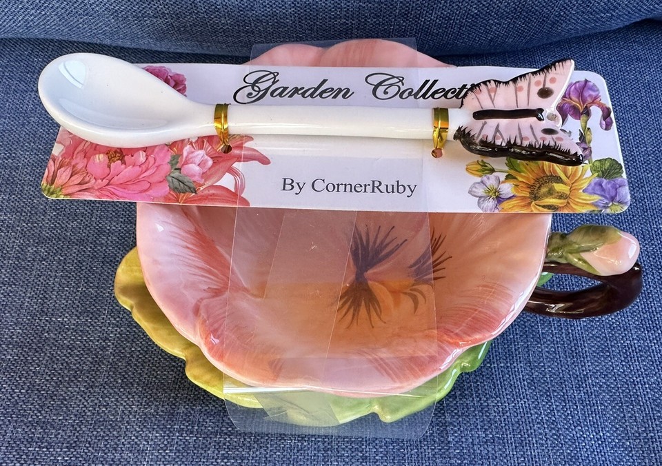 Garden Collection Corner Ruby Peach Flower Tea Cup Leaf Saucer ...