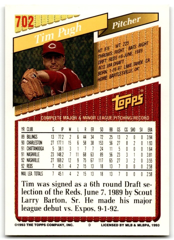 1993 Topps Gold Tim Pugh Rookie Cincinnati Reds #702 | eBay