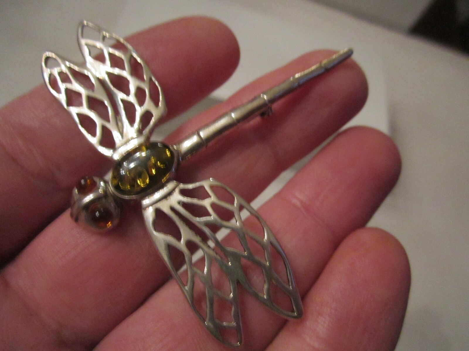 V8 STERLING SILVER DRAGONFLY BROOCH PIN WITH AMBER - … - Gem