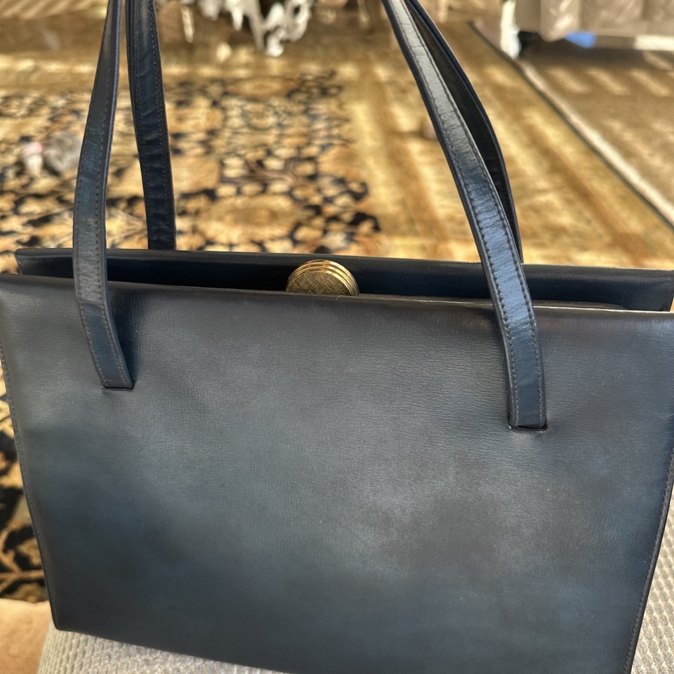 VINTAGE MICHELS-DREW navy LEATHER FRAMED GOLDEN CLASP BAG | eBay